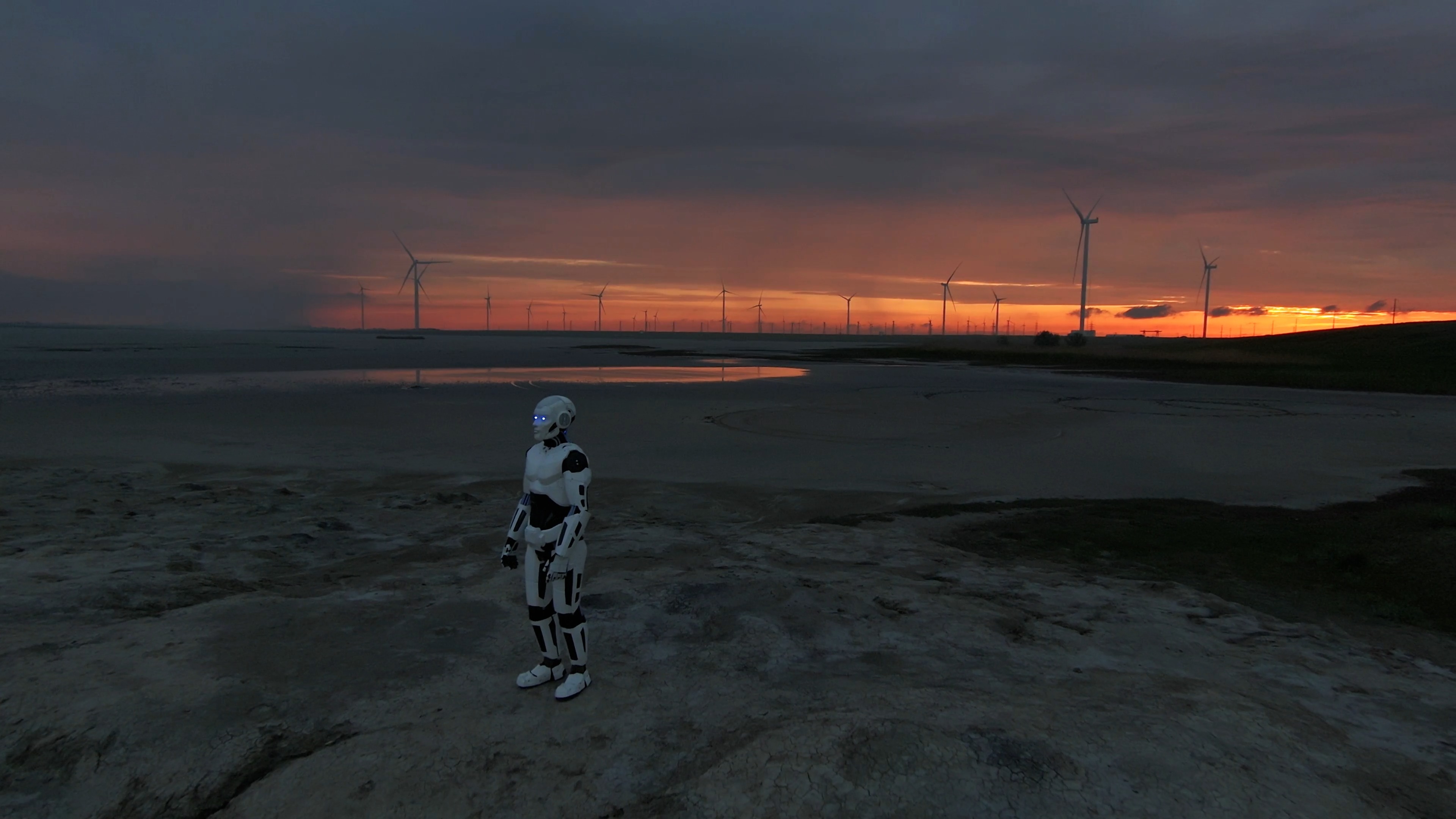 Discover futuristic-robot-at-a-windmill-farm, a story-driven footage ...